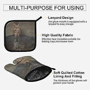 Cat Tiger Reflection Oven Mitts and Pot Holders Sets Heat Resistant Hot Pads Funny Creative Pet Cooking Gloves Handling Kitchen Cookware Bakeware BBQ