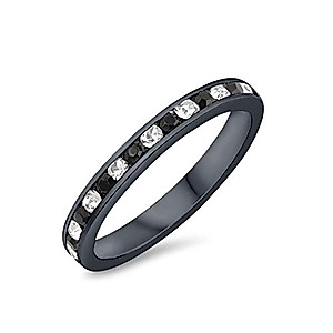 3mm Full Eternity Band Channel Setting Round Black Tone Simulated Black & Clear Cubic Zirconia 925 Sterling Silver Size-6