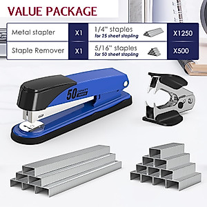 Metal Stapler Heavy Duty 50 Sheet Capacity with 1750 Staples and Staple Remover, Blue Stapler Full Strip Staplers for Desk, No Jam, Non-slip Office Stapler with Staples for Office & Classroom, Blue