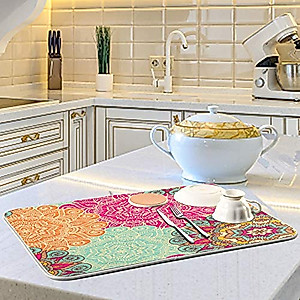 Floral Mandala Trippy Dish Drying Mat 24"x18" Absorbent Machine Washable Hanging Fast Dry Pad Dish Protective Mat for Kitchen Countertop Heat Resistant Dinner Table Mat