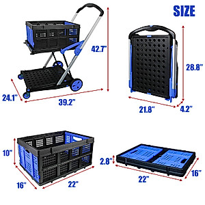 APOXCON Folding Shopping Cart, Two Tier Collapsible Cart with One Crate, Heavy Duty Utility Cart with 360° Rolling Swivel Wheels Multiple Uses Folding Trolley for Shopping, Picnic and Office