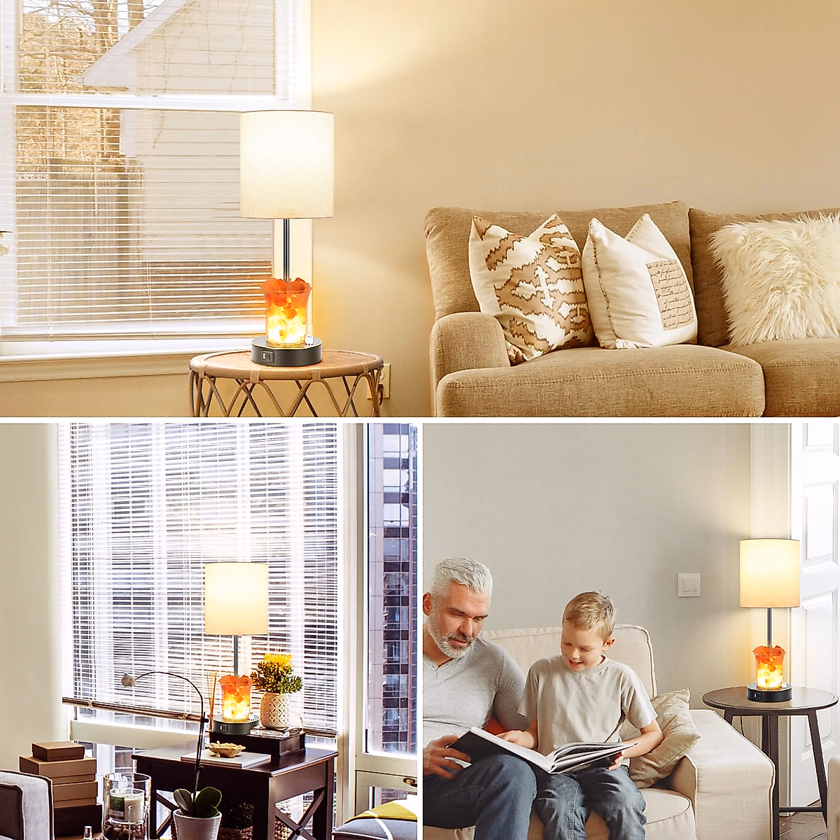 Dott Arts Table Lamp with Salt Lamp, 3-Way Dimmable Bedside Nightstand Lamp with USB Ports and AC Outlet, Touch Lamp for Living Room Bedrooms Reading Room, Bulbs Included