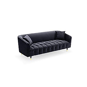 Iconic Home Julia Sofa Velvet Upholstered Channel-Quilted Button Tufted Cushion Shelter Arm Design Espresso Finish Gold Tip Wood Legs Modern Contemporary, Black