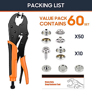 Heavy Duty Snap Fastener Tool, Snap Setter Tool Kit with 60 Sets, Adjustable Setter Snap Installation Kit, Snaps for Boat Cover, Snap Button Tool, Replacing Metal Snaps, Canvas, Sewing, Tarps