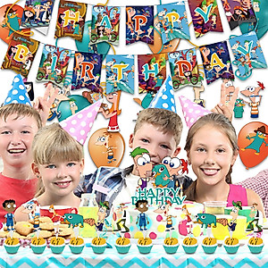 Birthday Party Decoration for Phineas Ferb, Include Cartoon Theme Birthday Banner, Cake Topper, Latex Balloons, Hanging Swirls, for Kids Birthday Party Supplies