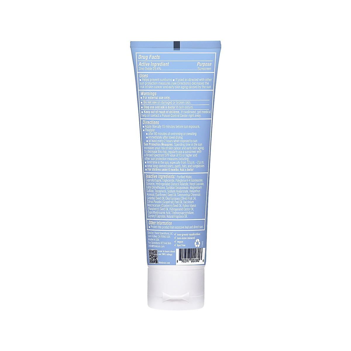 Thinksport SPF 50+ Mineral Sunscreen, 3 Oz, Safe, Natural Sunblock for Sports & Active Use, Water Resistant Reef Safe Sunscreen, Broad Spectrum UVA/UVB Sun Screen for Sun Protection