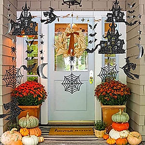 Glitter Black Halloween Party Decorations Gothic Birthday Garlands Hanging Witch Bat Spider Haunted House Star Moon Decor Streamers Backdrop Birthday Baby Shower Home Office Classroom Decor