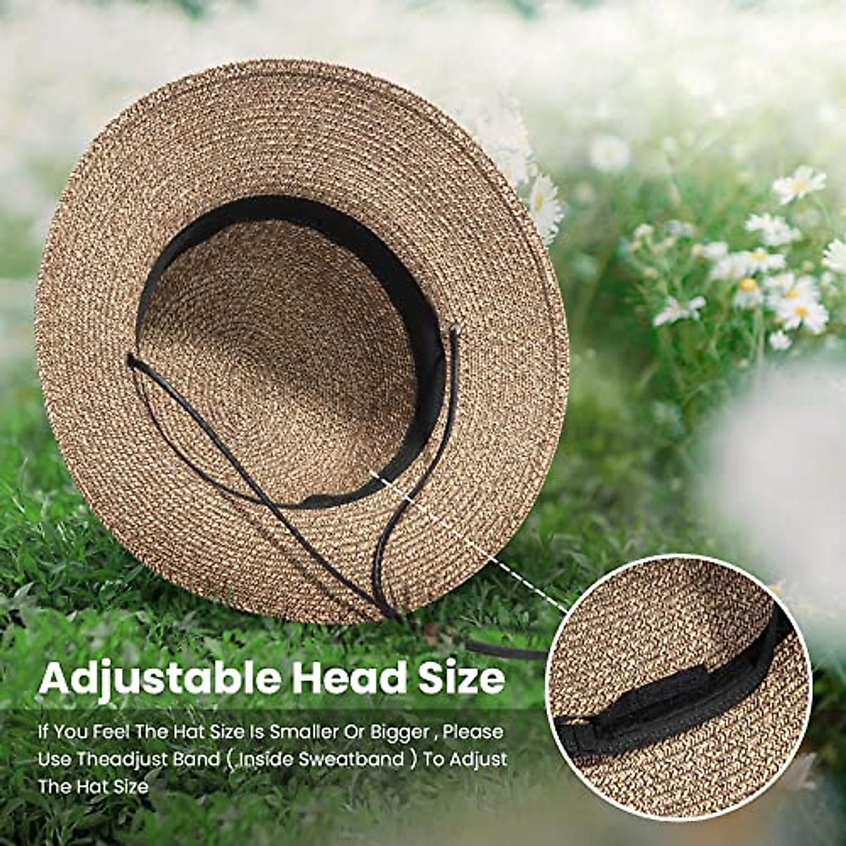 Simplicity Womens Beach Hat, Wide Brim Lightweight Straw Cute Sun Hat with Chin Strap Roll Up Sun Visor, Coffee/Brown