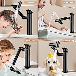 SINGSUO 1080°Rotatable Bathroom Vanity Faucet 1 Hole, Height Adjustable Single Handle Sink Faucet Bathroom with 2 Water Outlet Modes, Bar Sink Faucet Single Hole with Temperature Display (Black)