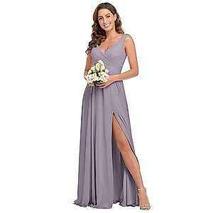 Wisteria Chiffon v Neck Bridesmaid Dresses for Women Long Ruched A Line Pleated Formal Evening Dress with Slit Size 12