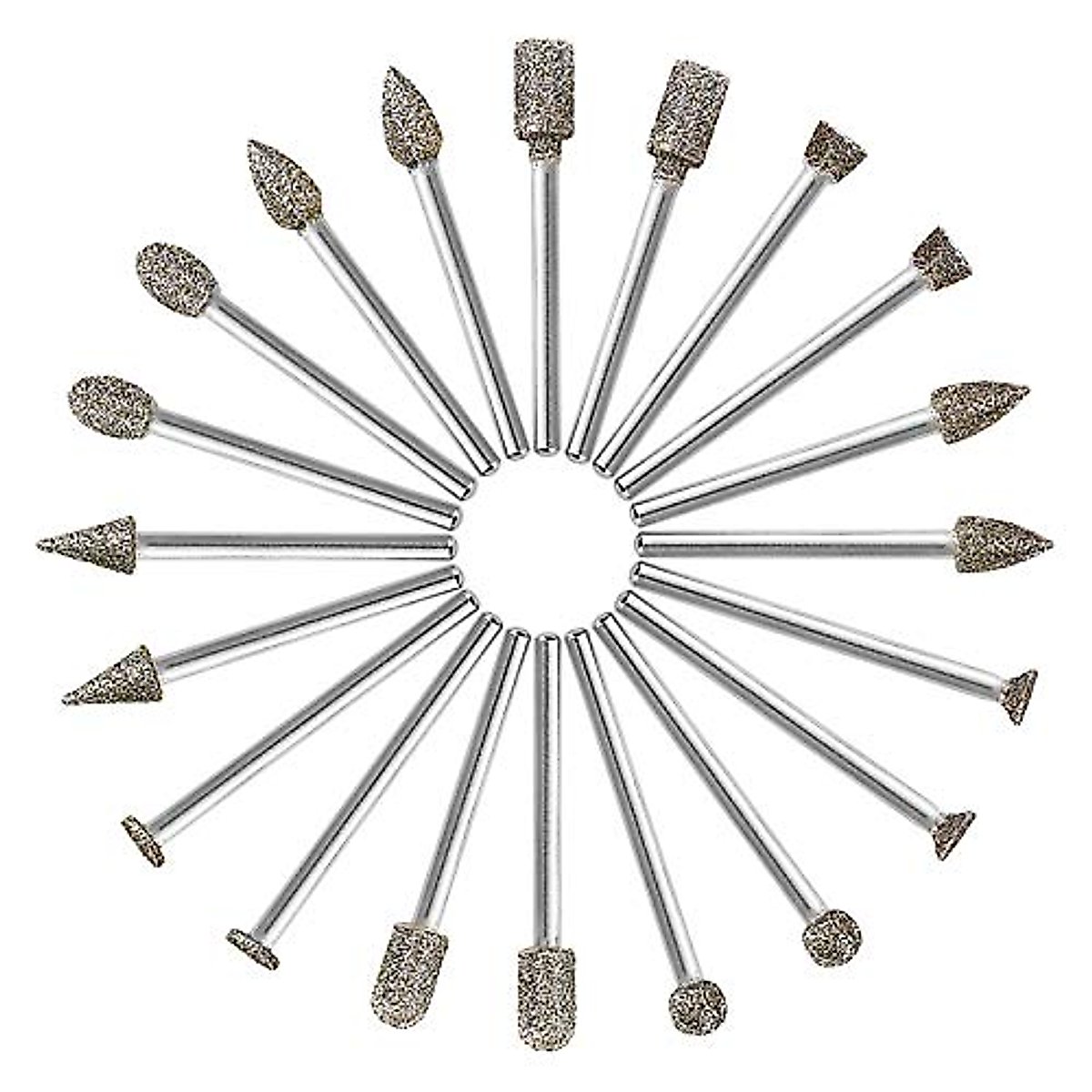 60 Grit 20Pcs 𝗗𝗶𝗮𝗺𝗼𝗻𝗱 𝗕𝘂𝗿𝗿 𝗦𝗲𝘁 - GOXAWEE Rotary Grinding Burrs Engraving Bits Set with 1/8-inch Shank, Diamond-Coated Stone Carving Accessories Bit Universal Fitment for Rotary Tools