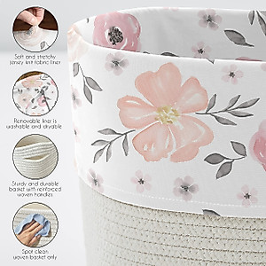 Sweet Jojo Designs Blush Pink Grey Boho Floral Girl Woven Storage Basket Decorative Cotton Rope Lined Bin Baby Nursery Kids Bedroom Toy Closet Shelf Organizer Bohemian Farmhouse Shabby Chic Watercolor