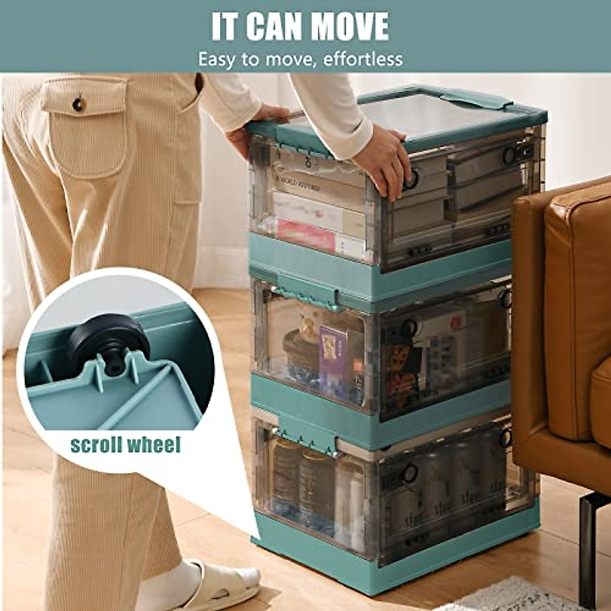 loobuu Foldable Plastic Storage Boxes with Latching Lids & wheels, Clear Storage Bins for Home & Office, Stackable Collapsible Organizer Container for Groceries, Toys, Books, Snacks Storage Case
