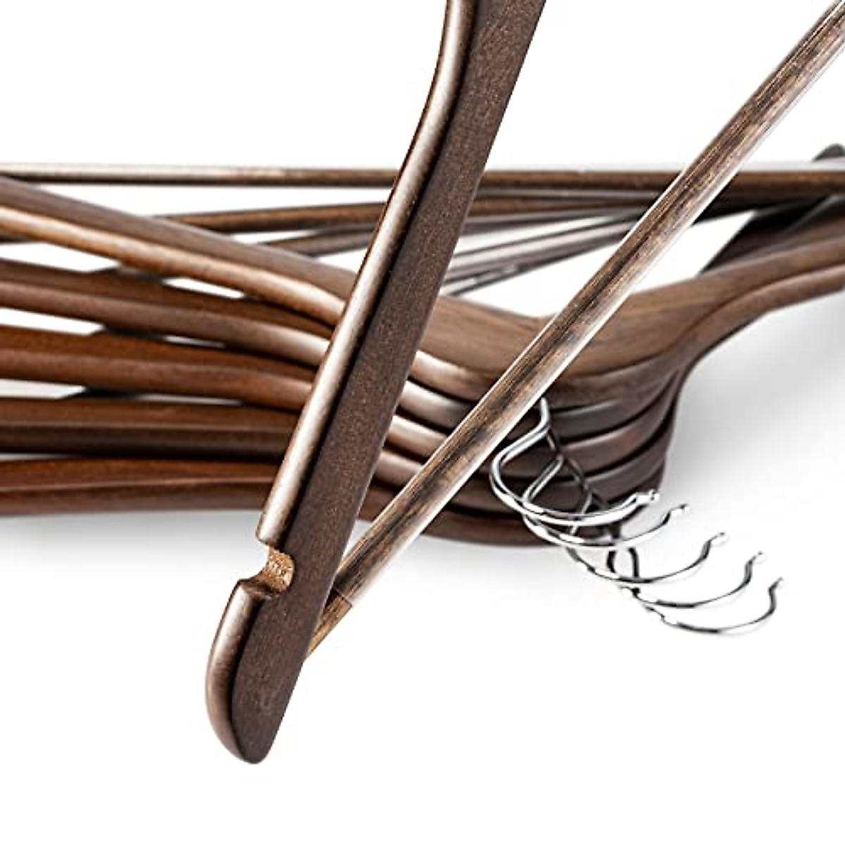 30 Pack Solid Wooden Suit Hangers with Non Slip Bar and Precisely Cut Notches - 360 Degree Swivel Chrome Hook - Vintage Finish Super Sturdy and Durable Wood Hangers