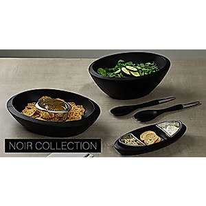 Nambe - Noir Collection Dark Stained Acacia Wood Chip & Dip Serving Bowl with Nambe Alloy Dip Bowl - Measures at 16" x 11" - Made with Acacia Wood and Nambe Alloy - Designed by Steve Cozzolino