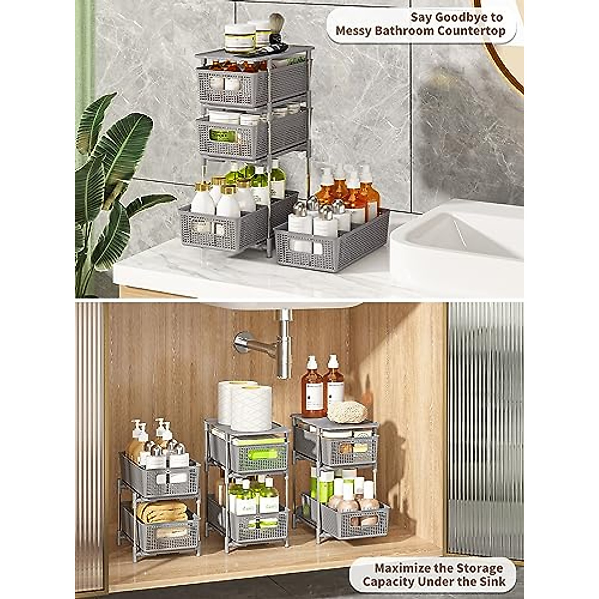LIWAKA 2 Pcs 4 Tier Bathroom Cabinet Organizer,Pull Out Storage Organizer Under Sink Organizers with Dividers,Medicine Pantry Organization and Storage,Grey