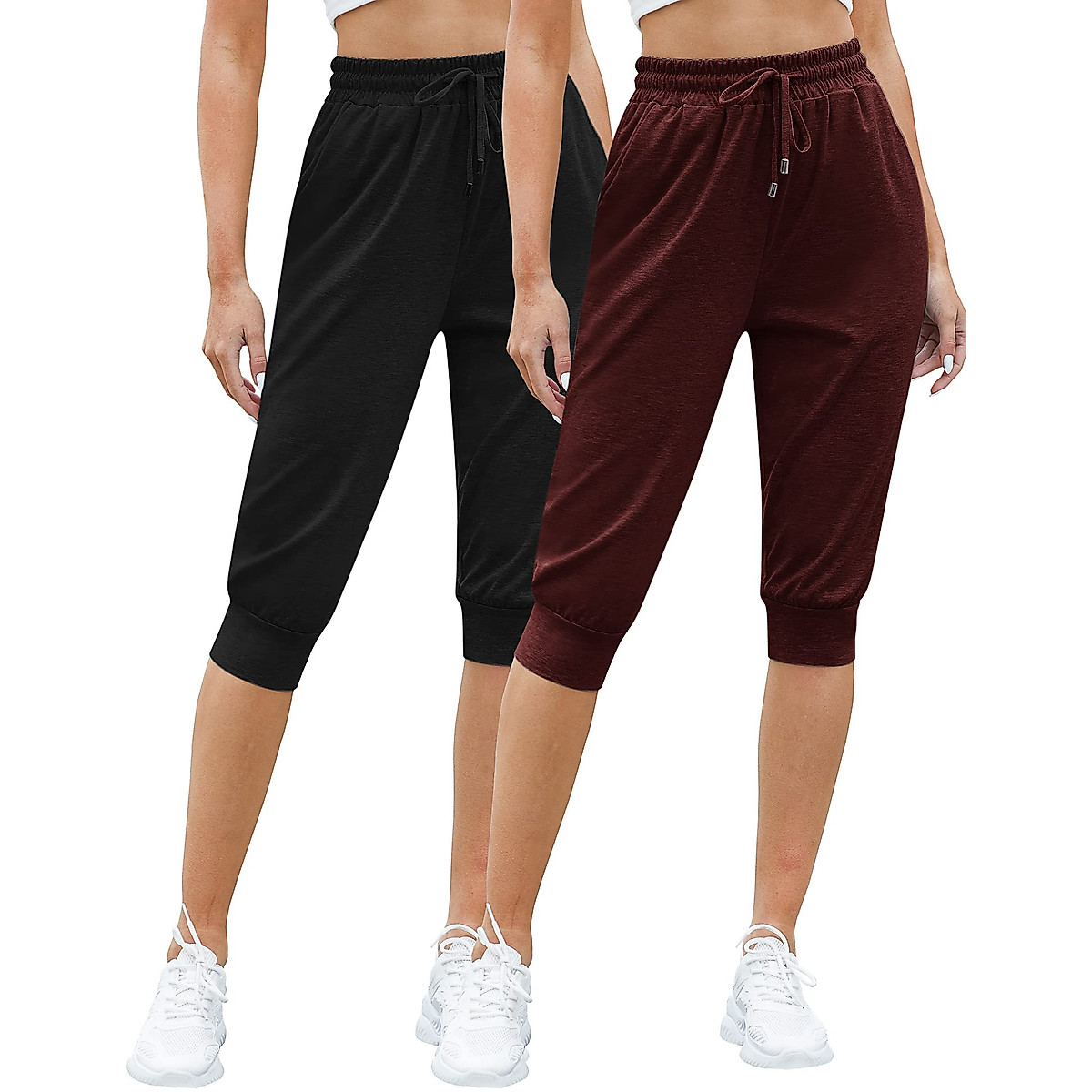 Syhood 2 Pack Women Capri Sweatpants Women's Drawstring Capris Casual Cropped Jogger Pants with Pockets (Black, Burgundy, XX-Large)