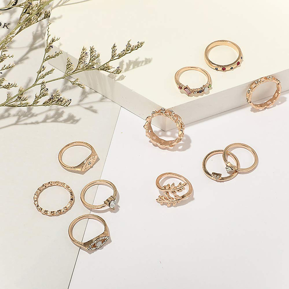Missgrace Stackable Dainty Gold Color Boho Rhinestones Rings Set Festival Bohemian Rings Set Beach and Vacation Summer Jewelry Knuckle Rings Tribal Accessory for Women and Girls 11 (Style 8)
