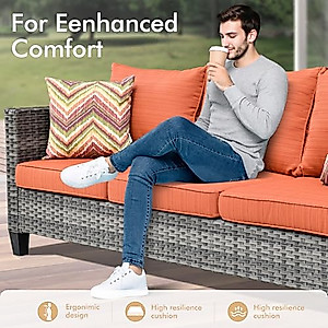 XIZZI Patio Furniture Set Outdoor All Weather Wicker 7 Pieces Conversation Sofa with High Back Swivel Rocking Chairs Matching Side Table,Ottomans and Coffee Table,Brown Wicker Orange Red