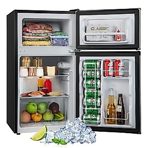 KOTEK 3.2 Cu.Ft Mini Fridge with Freezer, Silver Compact Refrigerator/Freezer with Reversible 2 Doors, 5 Level Adjustable Thermostat, & Removable Glass Shelves, Mini Fridge for Bedroom/Dorm/Office