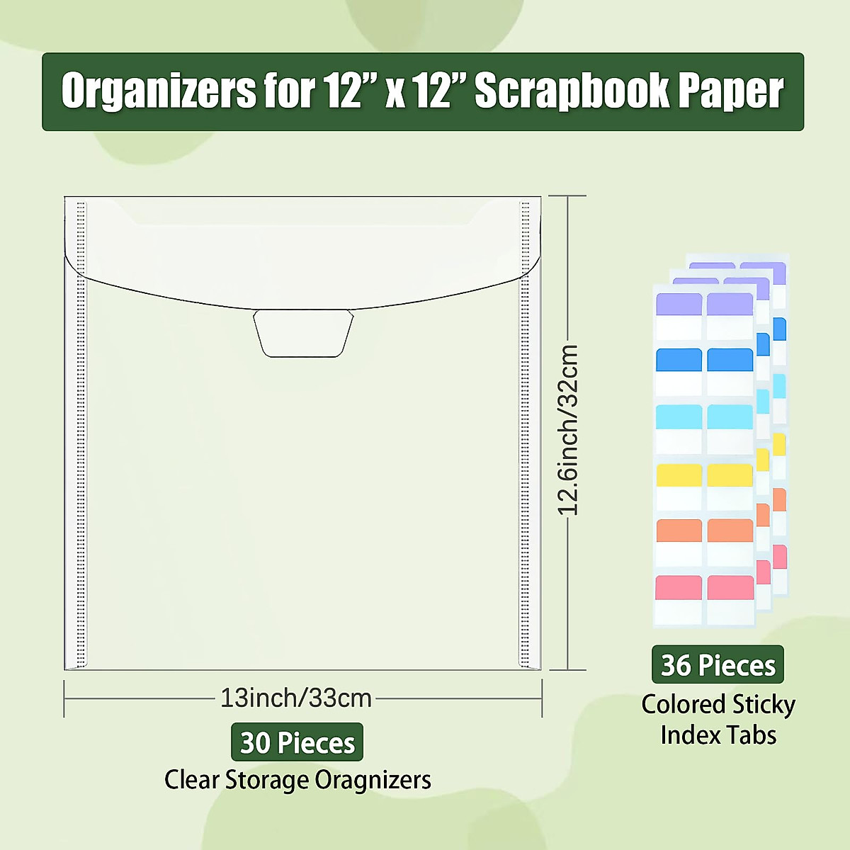 Hukado 30 Pieces Scrapbook Paper Storage Organizer for 12 x 12 Inch Scrapbooking Paper, 13" x 12.6" Clear Paper Storage Bag with 36 Coloful Sticky Index Tabs, Vinyl Record, Vinyl Paper and Cardstock