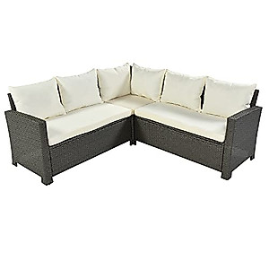 DHHU Patio Furniture, 8 Piece Weather Brown Wicker Sectional Sofa, Outdoor Conversation Set, Dining Table Chair with Ottoman, Cushions, Beige