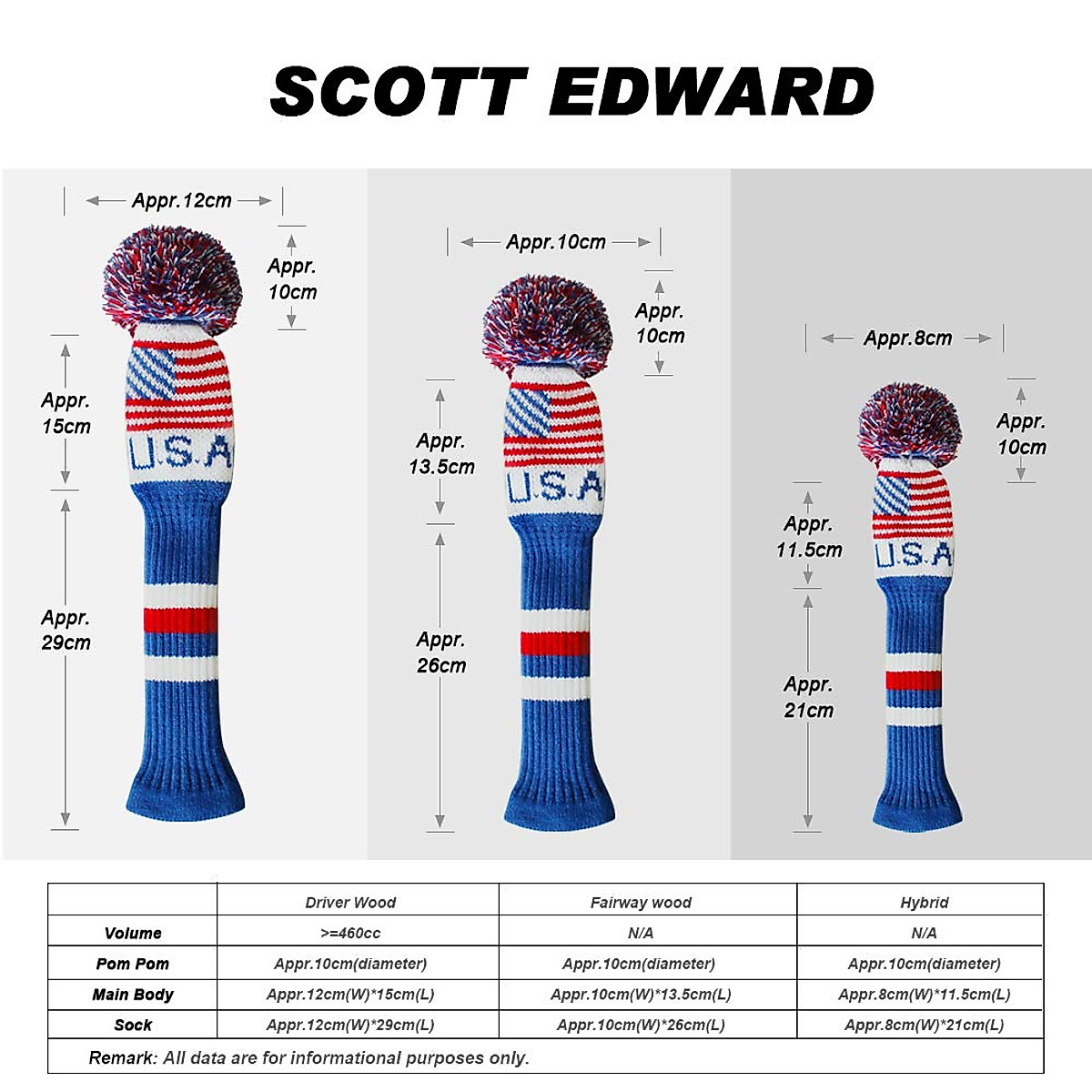 Scott Edward Knit Golf Club Cover with a Pom Set of 5 Head Covers Protect Driver Wood(460cc) 1 Fairway Wood2 and Hybrid/UT2 with Rotating Club Number Tags (USA Flag)