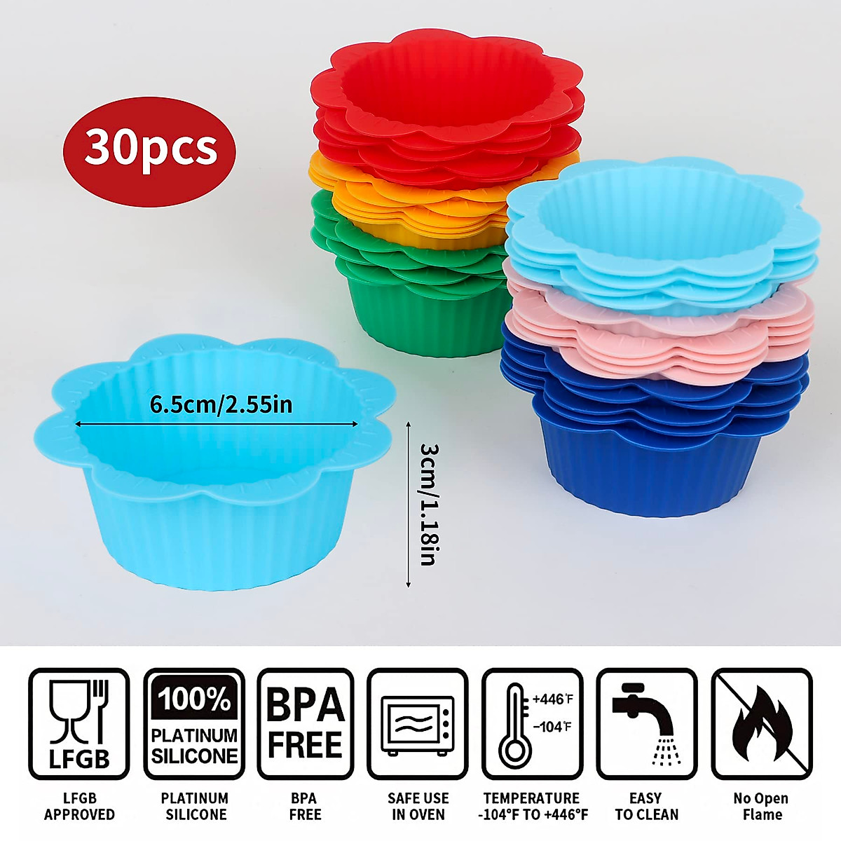 30Pack Silicone Baking Cups with Taps for Cupcake, Reusable Non-Stick Muffin Liners for Steel Muffin Pan