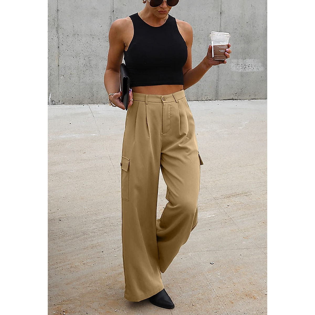 Dokotoo Cargo Pants Women High Waisted Baggy Business Casual Work Petite Pants Wide Leg Dress Pants 4 Pockets Trouser Khaki Plaid Loose 2024 Fall Fashion Clothing