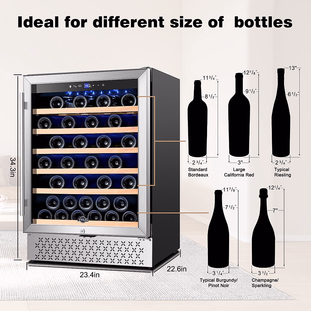 Tylza 24 Inch Wine Cooler Refrigerator 51 Bottle Built-in or Freestanding 24'' Fridge with Stainless Steel & Double Layer Tempered Glass Door and Temperature Memory Function