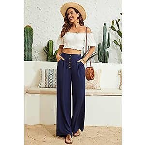 SVALIY Women Flowy Pants Cotton Linen Wide Leg Palazzo Pants Long Lounge Slacks High Waist Button Trousers Pocket Navy M
