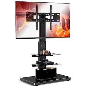 YOMT Floor TV Stand with Sturdy Wood Base, Tall Universal TV Stand with Mount for Most 32-75 inch TVs up to 110 lbs, Height Adjustable TV Stand with Swivel, TV Mount Stand with Media Shelves, Black