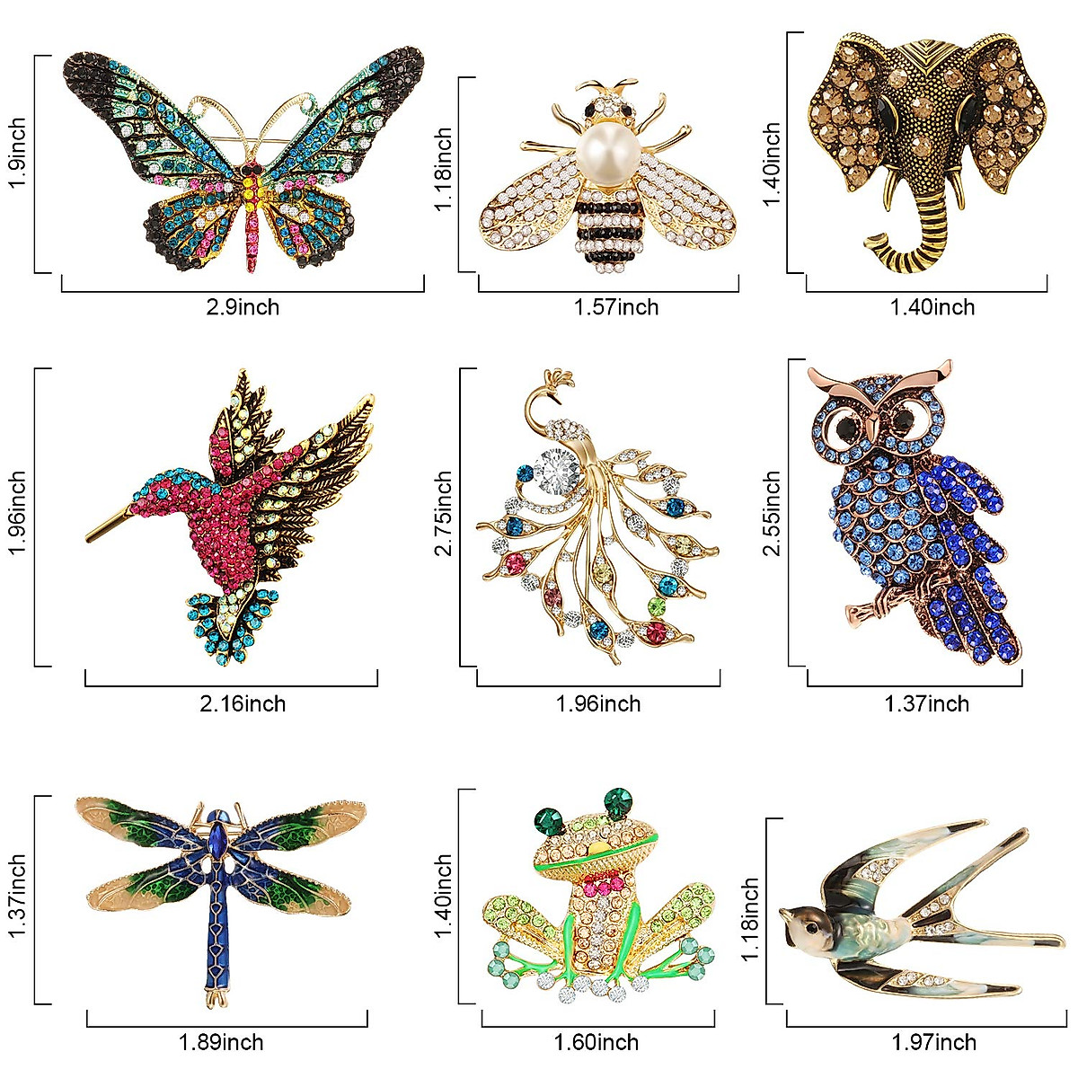 Hicarer 9 Pcs Animal Brooch Pins Brooches for Women Vintage Rhinestone Crystal Pin Hummingbird Butterfly Owl Elephant Dragonfly Peacock Retro Pin Jewelry for CNA Nurse Graduation Gifts
