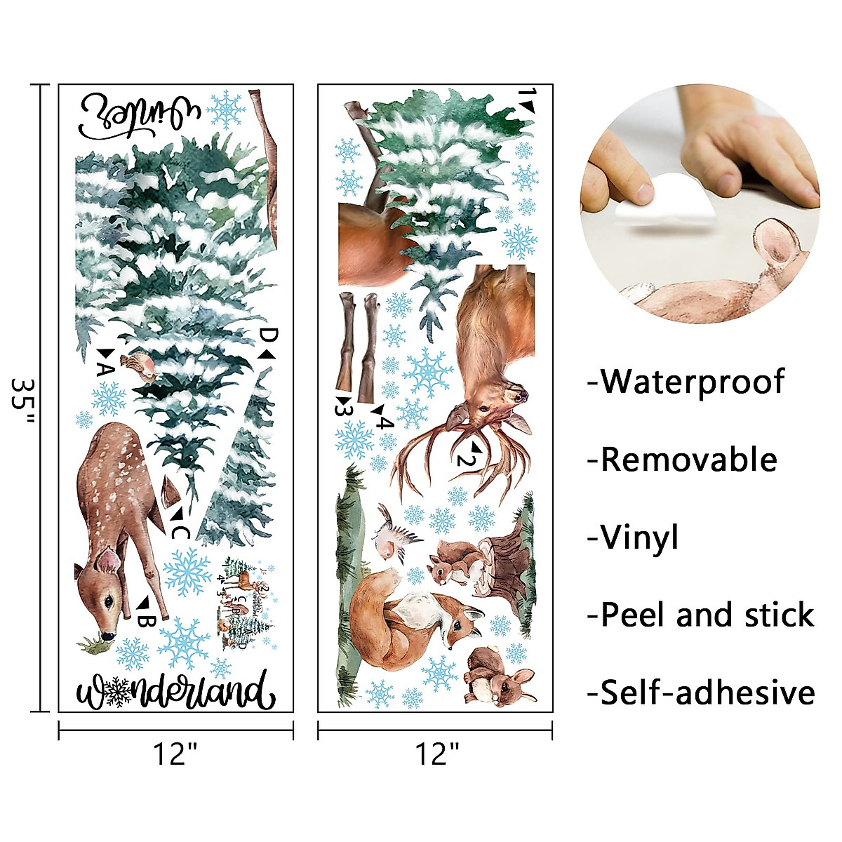 Mfault Winter Christmas Forest Deer Wall Decals Stickers, Xmas Wonderland Pine Tree Animals Elk Squirrel Rabbit Nursery Decorations Kids Bedroom Art, Snowflakes Baby Boys Girls Room Decor