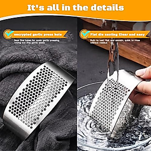 Garlic Press Rocker Heavy Duty Stainless Steel Garlic Mincer Garlic Crusher Garlic Chopper with Peeler And Scraper for Smash Garlic Built-in Bottle Opener