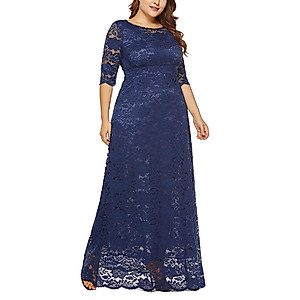 Eternatastic Womens Floral Lace 2/3 Sleeves Maxi Dress Evening Party Long Dress 4XL Deep Blue