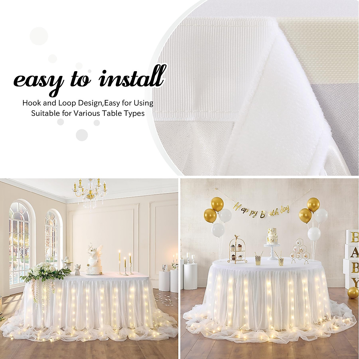 leegleri White Tulle Table Skirt for Baby Shower,6FT White Ruffle Tutu Table Skirt with LED Light for Wedding Bridal Shower Baby Shower Baptism Birthday Party Banquet Decoration
