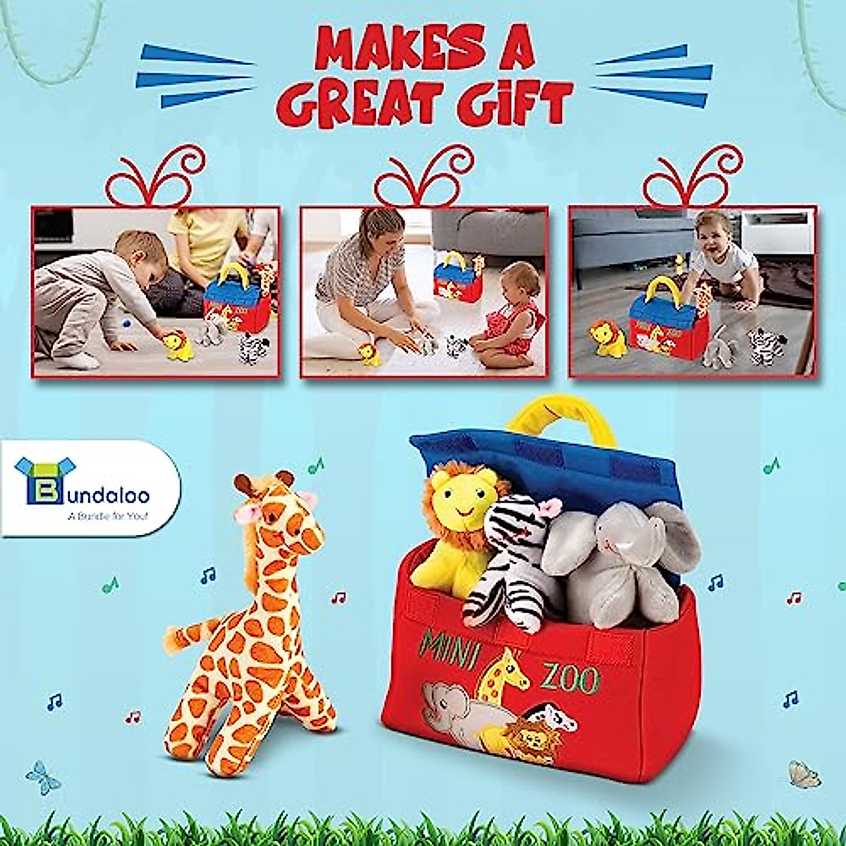 Bundaloo Plush Mini Zoo Playset - Giraffe, Elephant, Lion, Zebra - Interactive Animals, Carrier with Velcro Closure, Natural Sound Effects for Babies and Toddlers