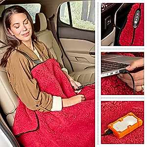 Stalwart Heated Blanket 2-Pack - USB-Powered Sherpa Throw Blankets for Travel, Home, Office, or Camping - Winter Car Accessories (Red Wine)