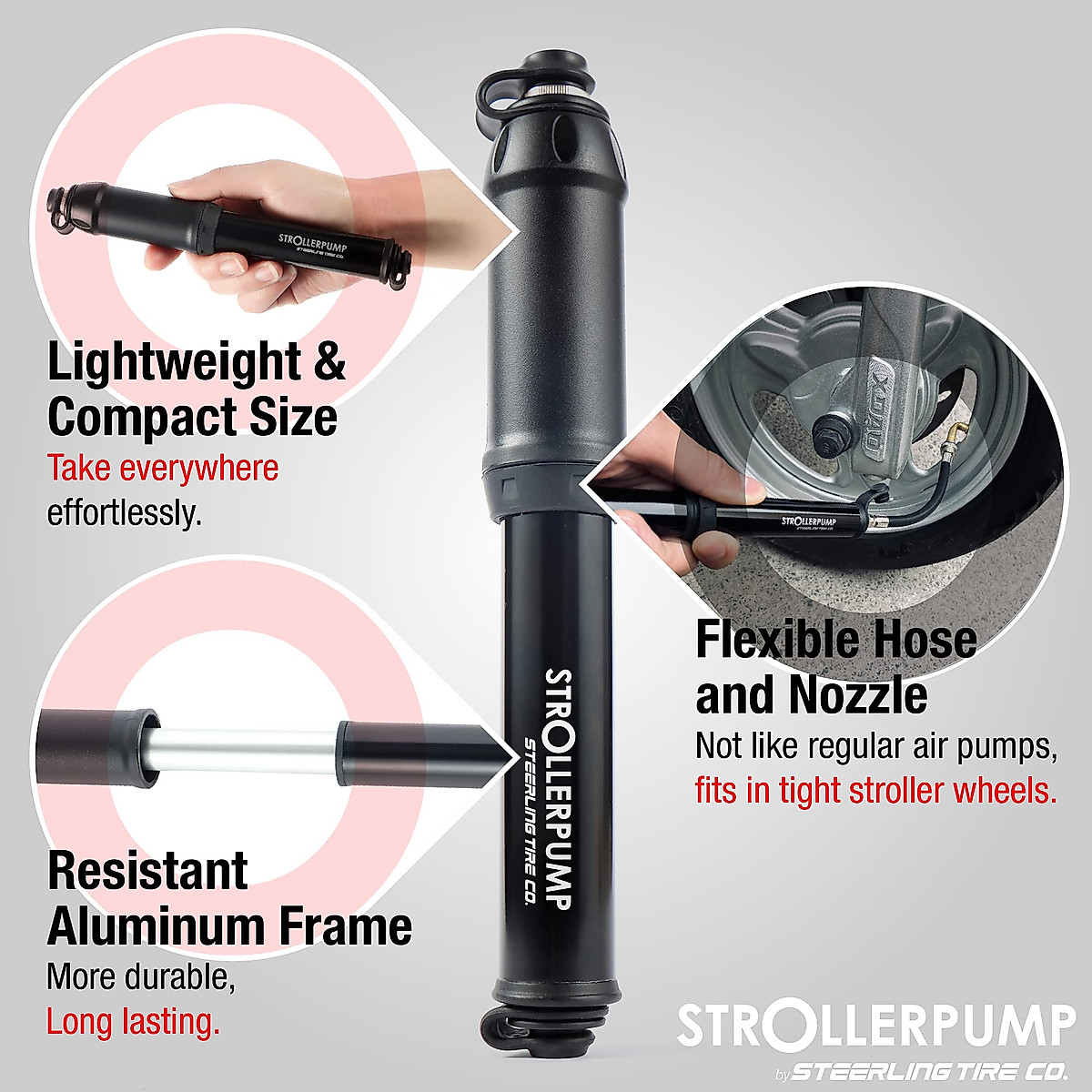 StrollerPump by Steerling Tire Co.- Portable Stroller Tire Pump Compatible with Graco, Baby Trend, BOB Stroller & More *UNCAP Stroller Pump to FIND The Bendable Hose* Valve Adaptors & Mount Included