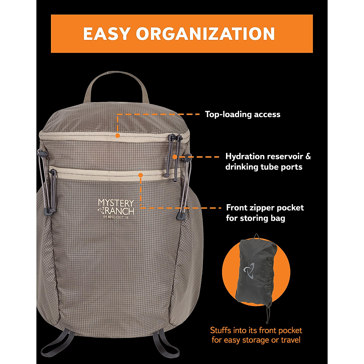 Mystery Ranch In and Out Backpack - Lightweight Foldable Pack, Hummus 19L