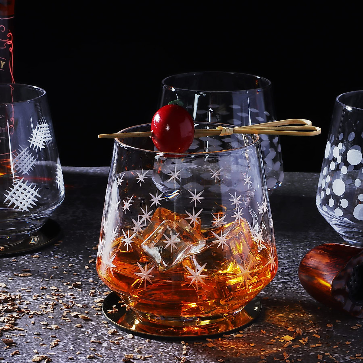 1917 Hand Blown Etched Stemless Wine Glasses set of 4-12.8oz, Wine Tumblers for Red and White Wine, Water Glasses, Drinking Glasses Gift Cup Sets