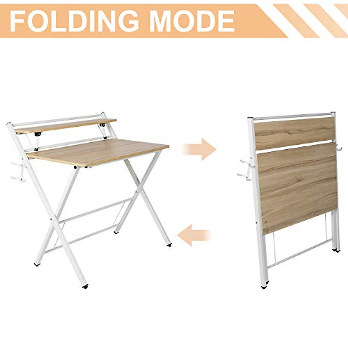 Folding Computer Desk for Small Space, 2 Tier Simple Laptop Writing Table with Shelf, Multipurpose Foldable Study Desk, Kids Desk, No Assembly Needed (Khaki)