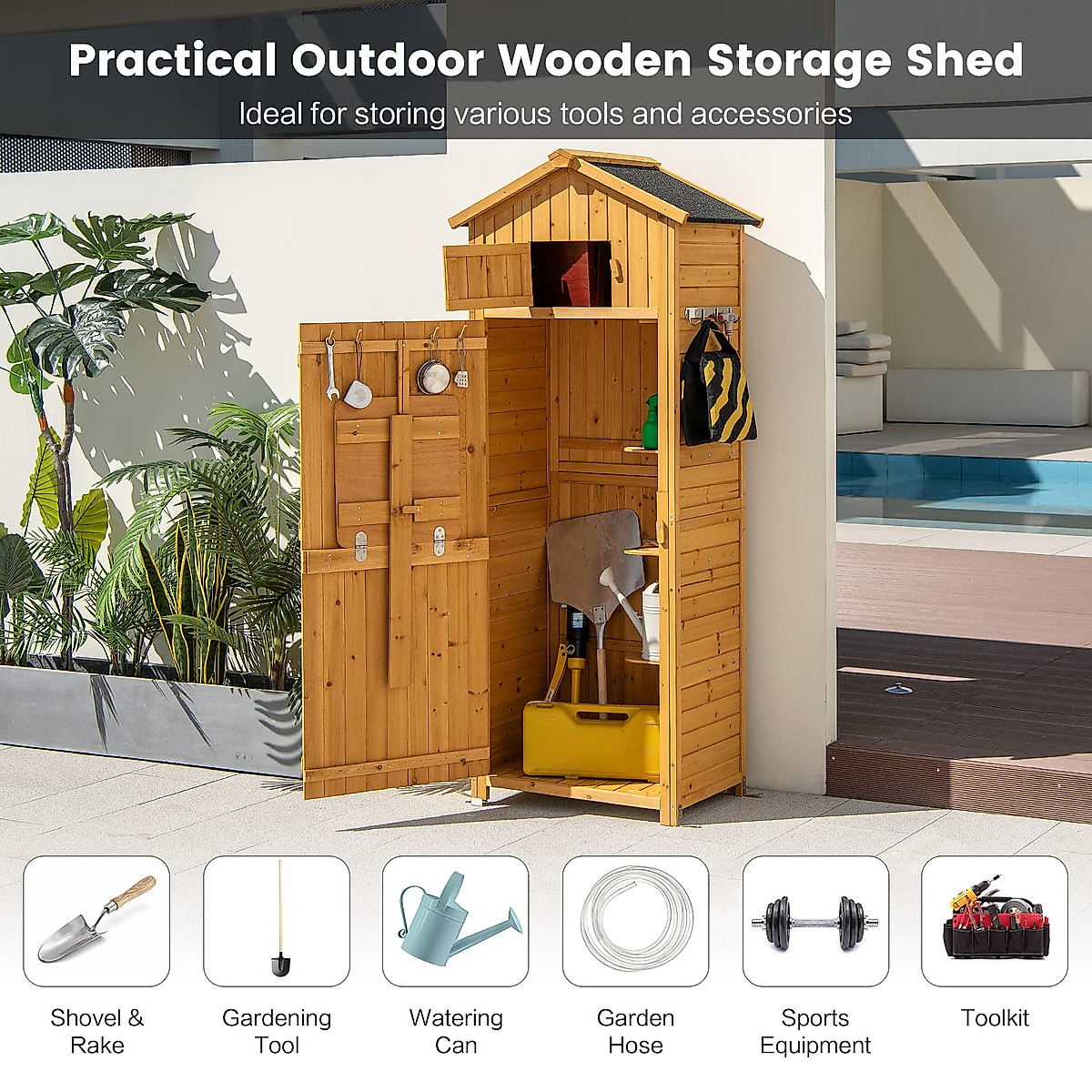 Goplus Outdoor Storage Shed, Wooden Garden Storage Cabinet with Lockable Doors, Foldable Table, Hooks, Utility Tool Organizer with Shelves, Waterproof Outside Tool Shed for Patio Backyard Lawn