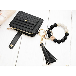COOLANS Wristlet Bracelet Keychain Pocket Credit Card Holder Purse Tassel Keychain Bangle Key Ring for Women (Silicone Bead Bracelet+Card Purse (Black))