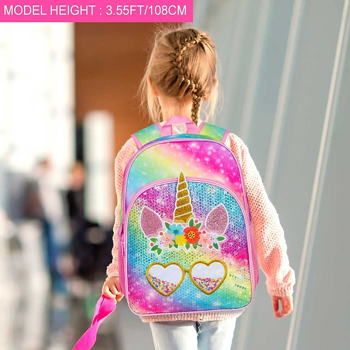 ZLYERT 3PCS Unicorn Backpack for Girls, Sequin Bookbag for Elementary Preschool Students, 16" Kids Backpacks with Lunch Box for Girl - Pink