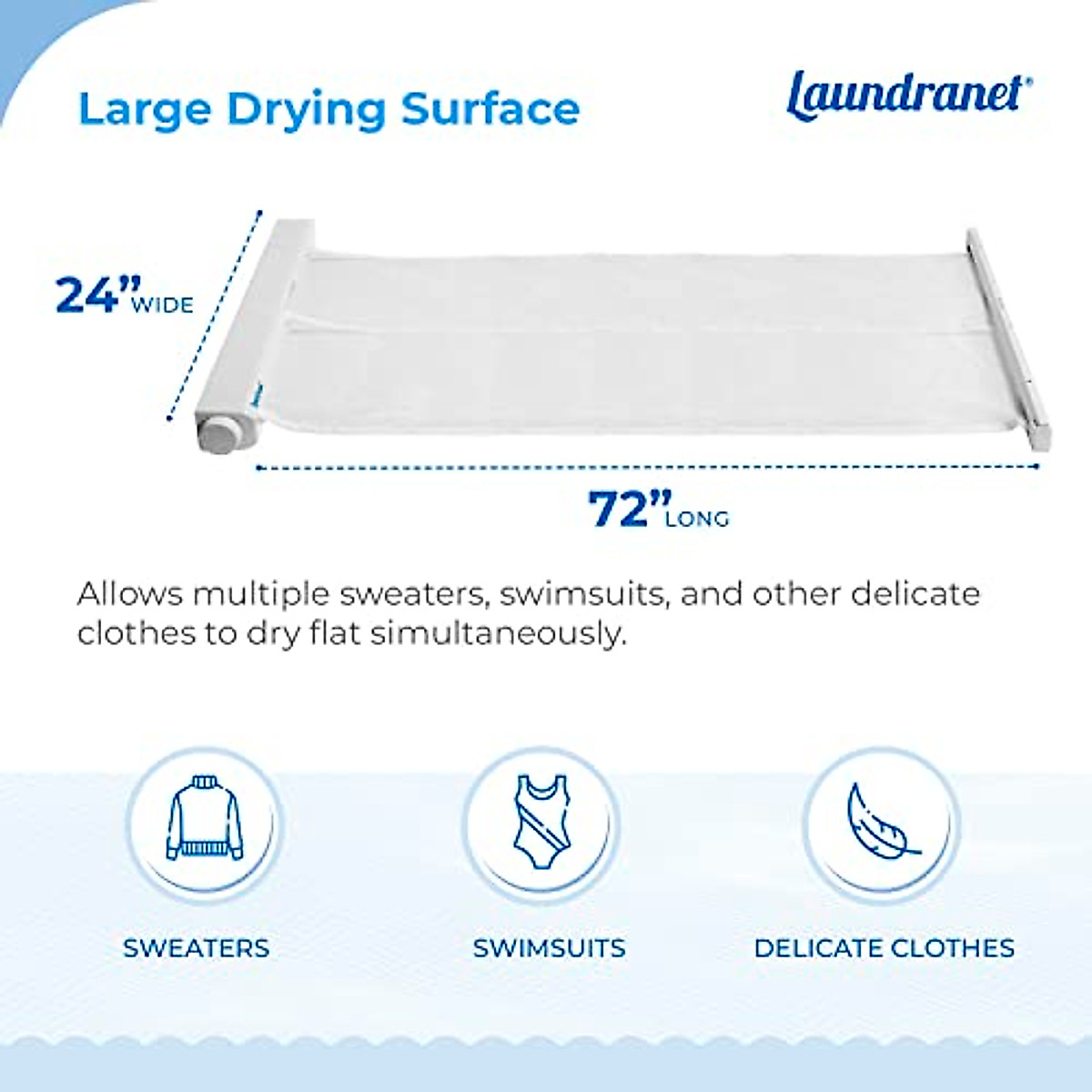 LAUNDRANET Retractable Clothes Drying Rack - Flat Hanging Mesh Drying for Delicate Clothes and Sweaters – Eliminate Bumps and Stretching from Hangers and Lines - 24" Wide and Opens Up to 72" - 1 Pack