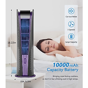 CONBOLA Bladeless Desk Fan, 16 Inch, Oscillating, LED Light, Timer, 10000mAh Battery Operated Rechargeable Fan, Gray