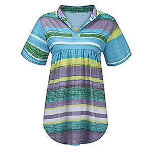 ESKNAS Womens Blouse Summer Rainbow Gradients Stripe Print Tunic Tops Short Sleeve V-Neck Pleated T-Shirt (Blue,XXXXL)