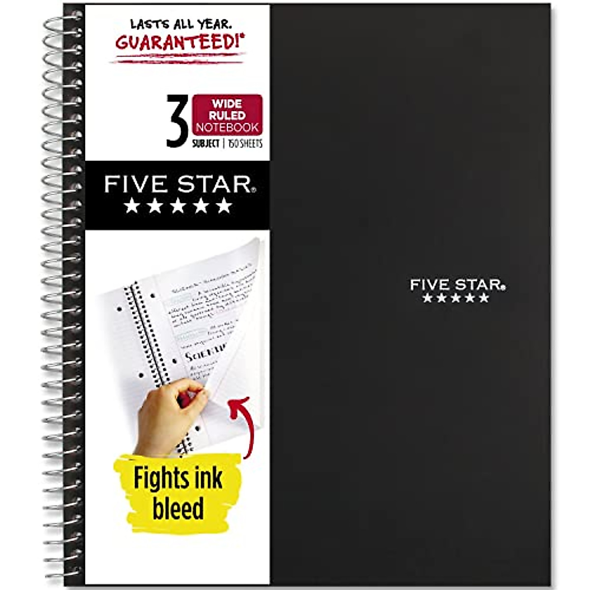 Five Star Spiral Notebook, 3-Subject, Wide Ruled Paper, 10-1/2" x 8", 150 Sheets, Black (73094)